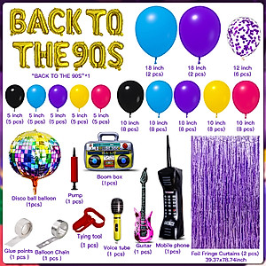 101PCS 90s Party Decorations, 90's Birthdays Party Supplies Bundle Includes Inflatable Disco Ball Radio Boom Box Retro Mobile Phone Guitar and Mobile Phone, Back to 90s Hip Hop Party for Adults