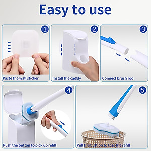 DALIPER Disposable Toilet Brush with 40PCS Refills, Wall Mounted Compact Bathroom Bowl Wand Cleaning System Long Handle with Storage Caddy