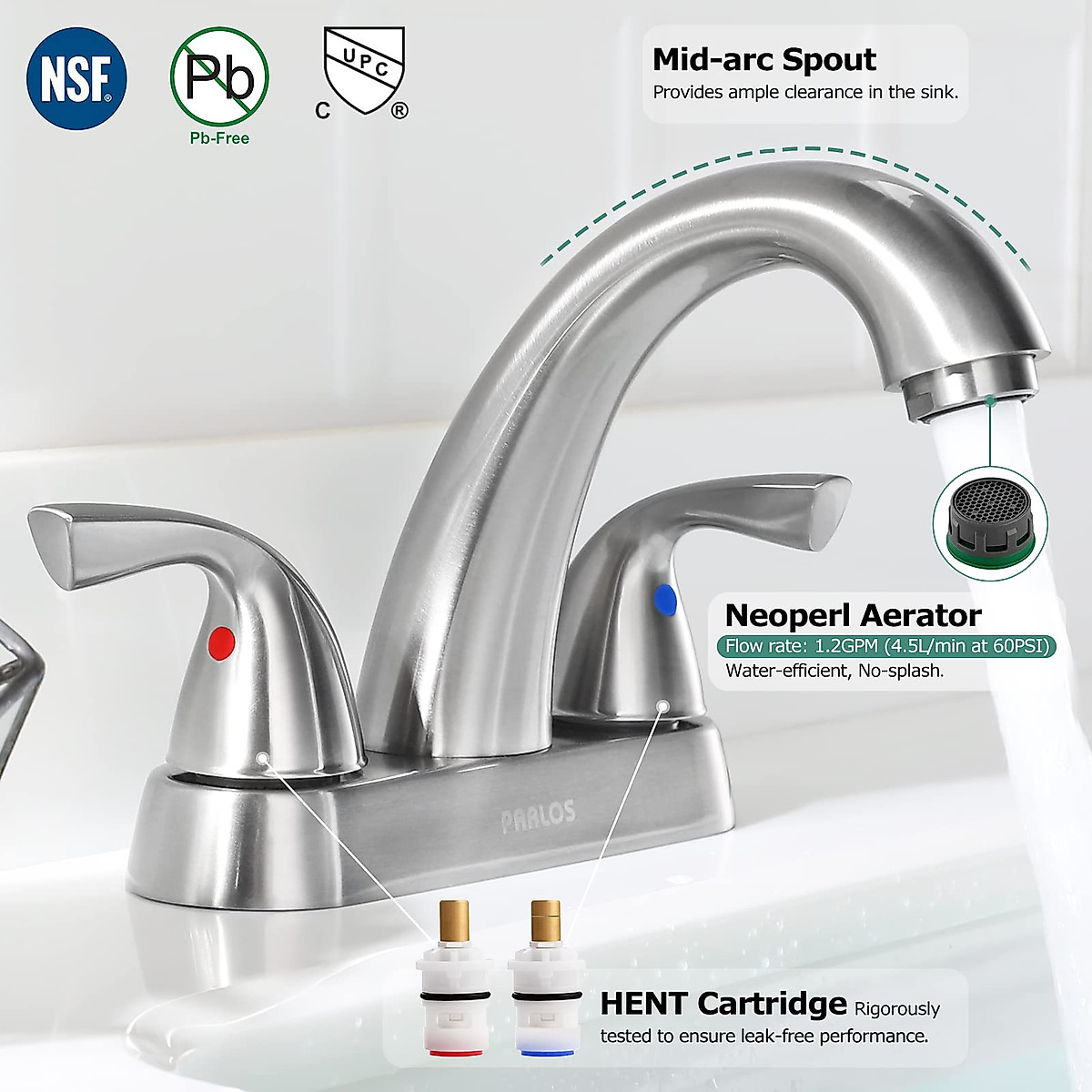 PARLOS 2-Handle Bathroom Sink Faucet with Drain Assembly and Supply Hose Lead-Free cUPC Lavatory Faucet Mixer Double Handle Tap Deck Mounted Brushed Nickel,1.2 GPM Flow Rate