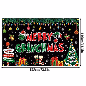 JKQ Merry Grinchmas Backdrop Banner 73 x 43 Inch Large Size Christmas Background Banner Xmas Party Decorations Christmas Holiday Baby Shower Birthday Indoor Outdoor Photo Booth Props