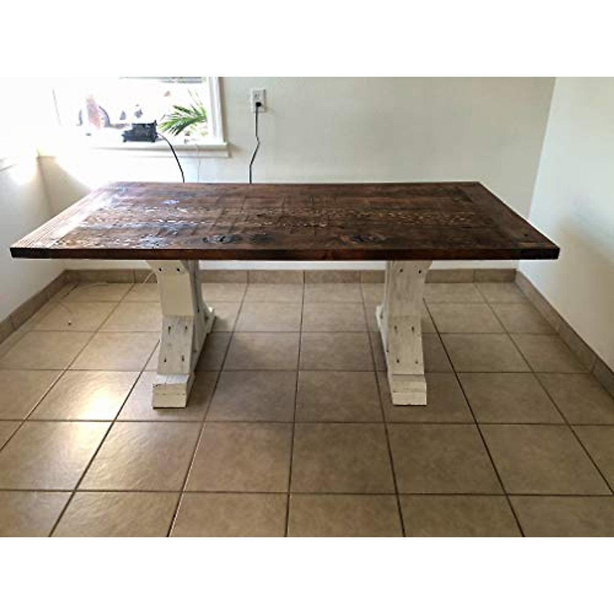 Farmhouse Redwood Rustic Table, Reclaimed Wood, Dark Brown and White