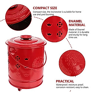 HEMOTON Metal Garden Incinerator Can, Stainless Steel Burn Barrel Incinerator Cage Barrel Fire Pit with Burning Tongs, Fire Bin Burning Leaves, Furnace Burning Bin for Yard Home Outdoor, Red