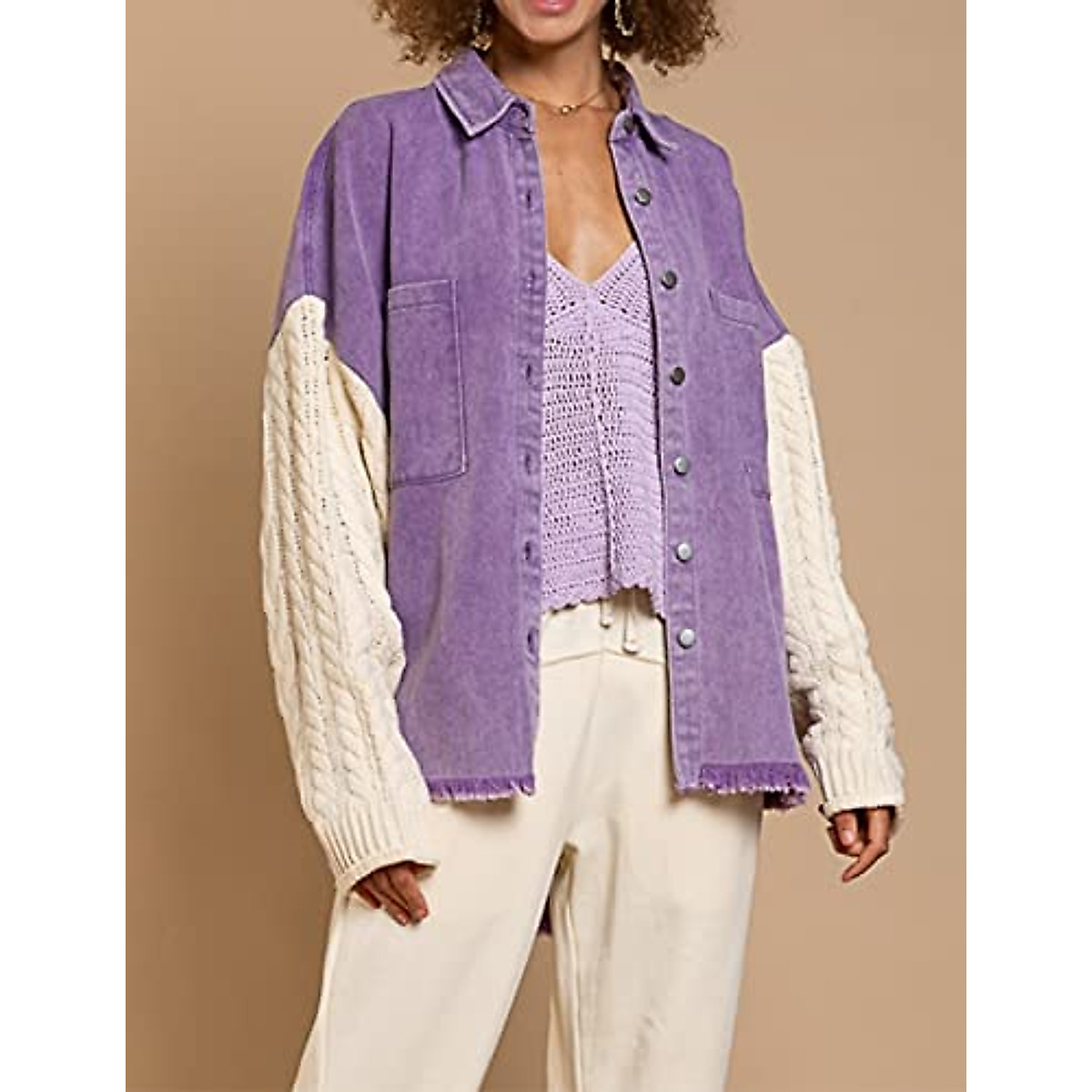 ChiyeeKiss Women's Oversized Patchwork Jean Jacket Distressed Fringed Hem Denim Jacket Sweater Long Sleeves Shacket Jacket(0028-LightPurple-M)