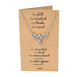 quan jewelry Phoenix Pendant Women Necklace, Bird Charm with Motivational Quote Card,Gift for Mom, Sister - Handmade (Silver Tone)