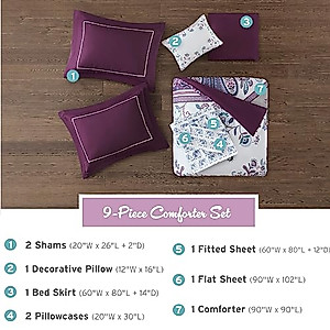 Intelligent Design Complete Bed In A Bag Casual Boho Comforter with Sheet Set Decorative Pillow, All Season Bedding Set, Queen, Tulay Purple 9 Piece