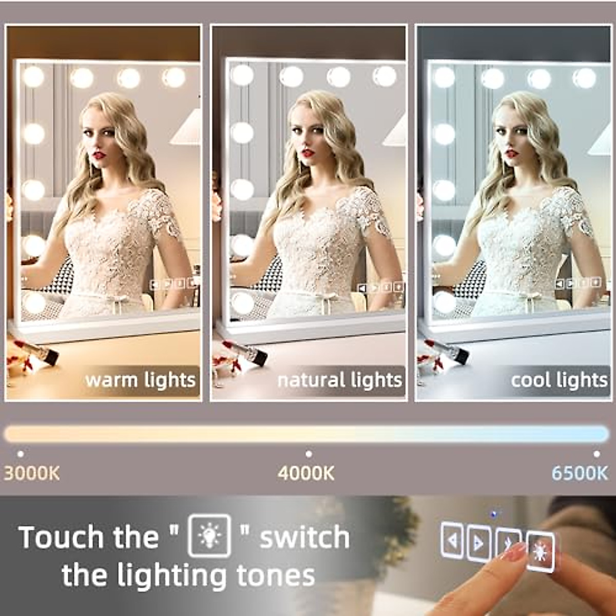 Hansong Hollywood Vanity Mirror with Lights, Bluetooth, 15 LED Bulbs, 3 Lighting Modes - White