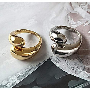 KURTCB Chunky Open Ring 14k Gold Plated Minimalist Adjustable Dome Teardrop Wide Bold Statement Ring for Women (Gold)