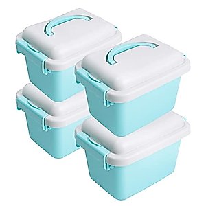 OMNISAFE 3.5Qt Lidded Home Plastic Storage Box/Bins, Tote Stackable Toy Container with Secure Latching Buckles and Gray Durable Lid (4-Pack, Blue)
