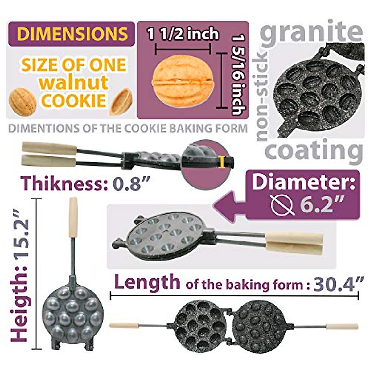 Walnut Cookie Maker 12 halves non-stick coating granite stone Cookies Pastry