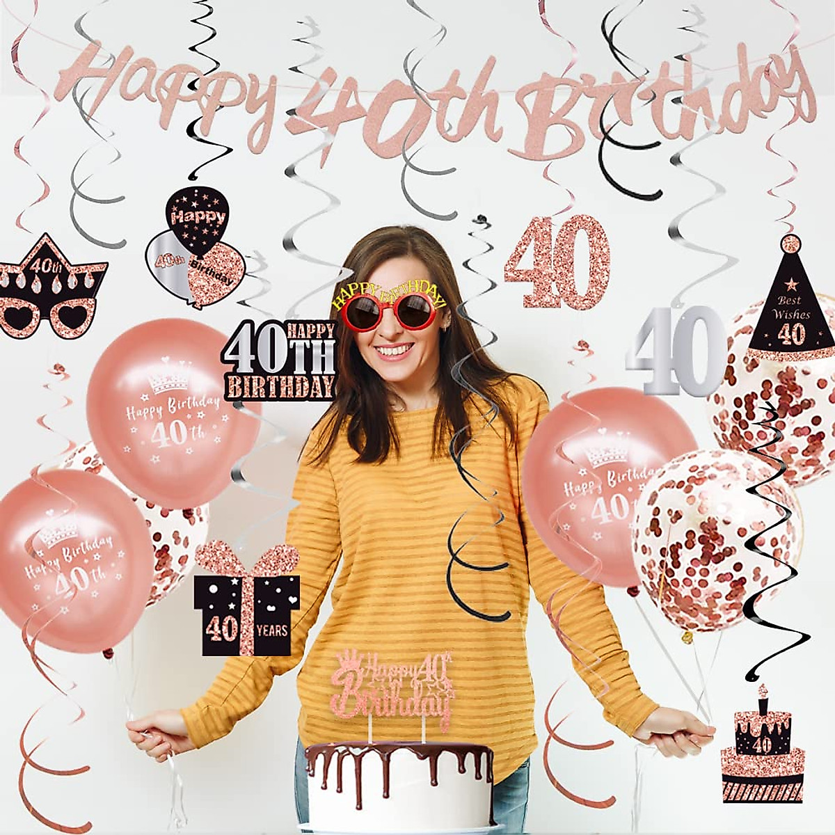WOJOGO 40th Birthday Decorations Women, Rose Gold & Black 40 Birthday Decorations For Women Men, Including Happy 40th Birthday Banner Hanging Swirls Cake Topper Balloons for Party Supplies