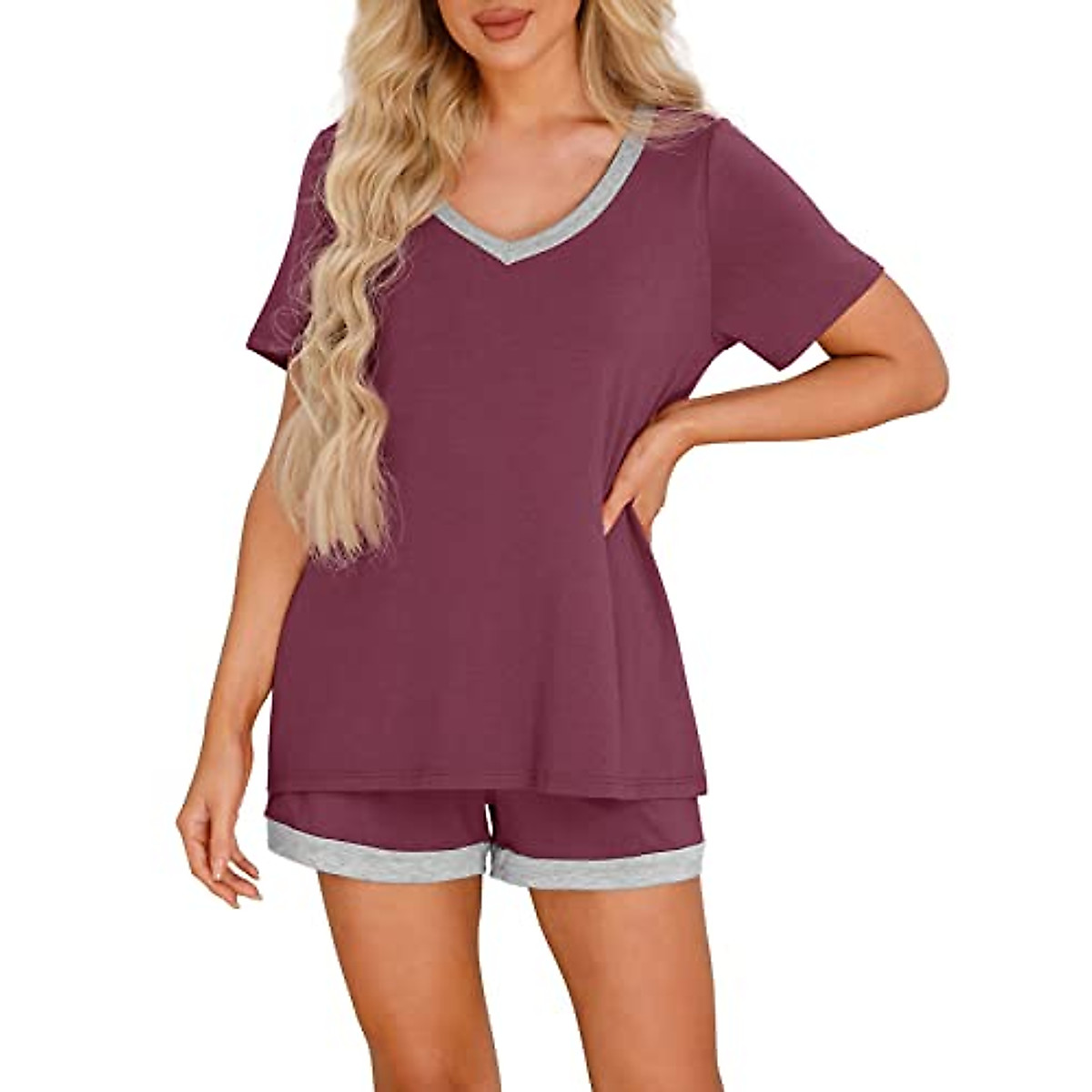 PrinStory Women's Pajama Set Short Sleeve Shirt and Shorts Sleepwear Pjs Sets with Pockets Purple Red-X-Large