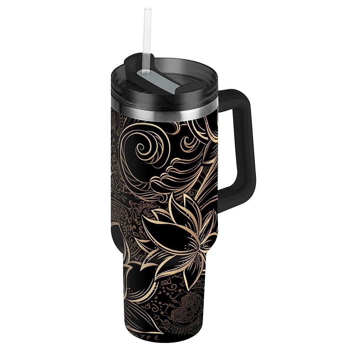 Yasala Car Tumbler with Handle Golden Lotus Floral Travel Mug Coffee Cup Insulated Beverage Container Mega Cup for Hot Cold Drinking Thermos Water Bottle Cupholder Friendly 40 oz