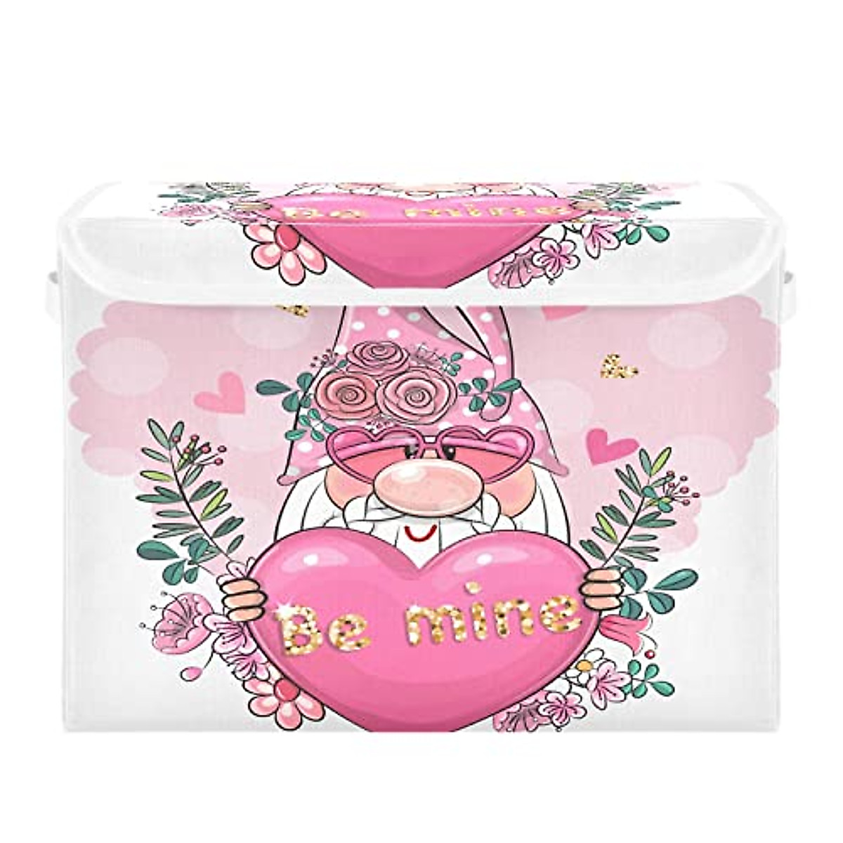 DOMIKING Valentine Gnome Heart Large Storage Bin with Lid Collapsible Shelf Baskets Box with Handles Toys Organizer for Nursery Drawer Shelves Cabinet