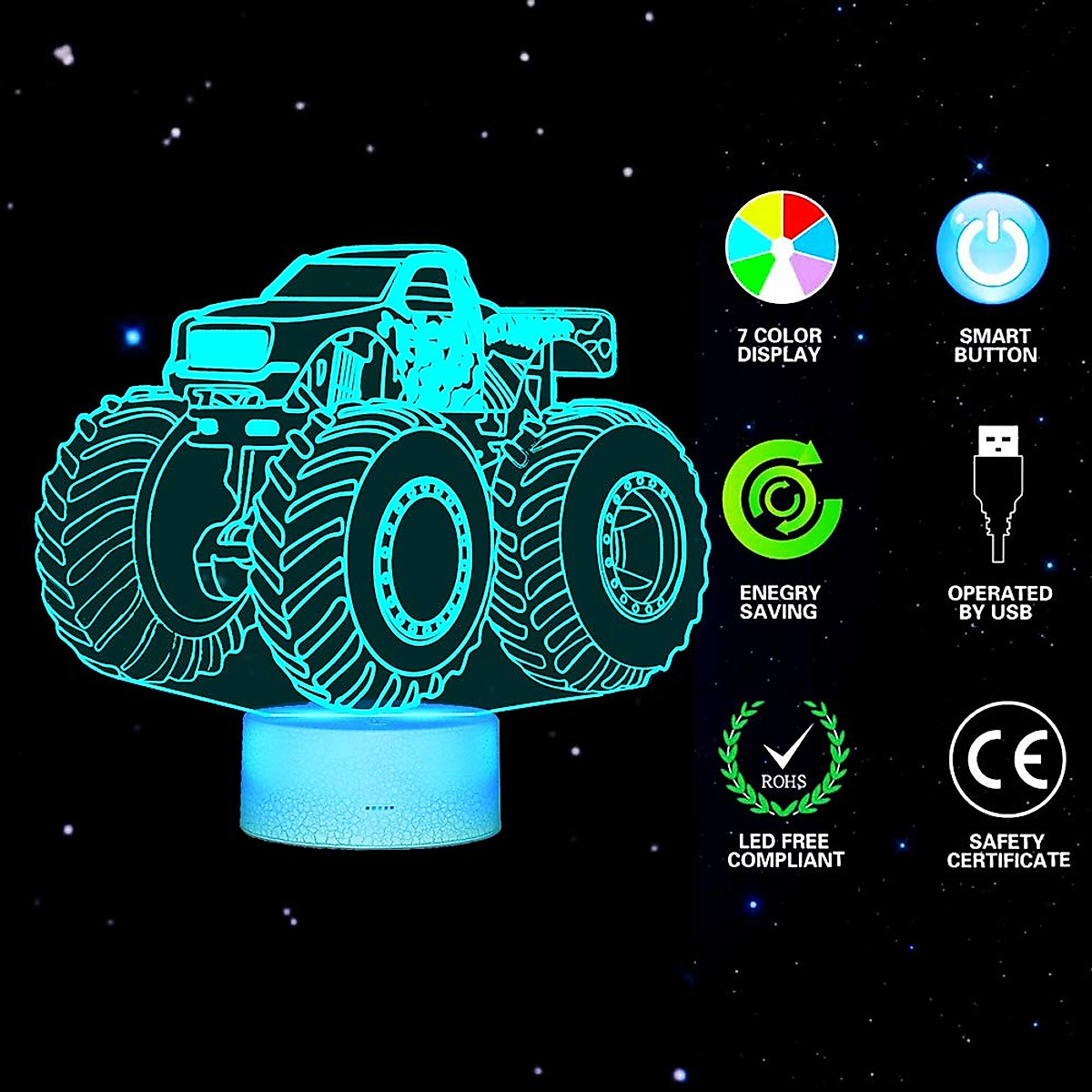 Night Lights for Kids Monster Truck 3D Night Light Bedside Lamp 7 Colors Changing with Remote Control and Timing Function Best Birthday Gifts for Boys Girls Kids Baby