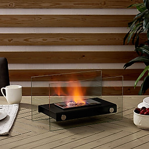 Danya B. Rectangular Tabletop Smokeless Fireplace with Clear Glass Panels, Indoor/Outdoor Use, Ventless, Portable, 7.5" H x 6.75" D x 13.25" W, Modern Matte Black Metal Fire Pit, Bio-Ethanol Fuel