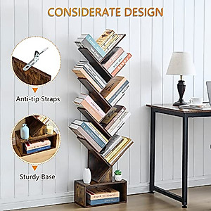 Tajsoon 9 Tier Tree Bookshelf with Drawer Bookcase, Floor Standing Book Storage Rack, Tall Bookshelf for CDs/Books/Movies, Bookshelf Organizer for Bedroom, Living Room, Home Office, Rustic Brown