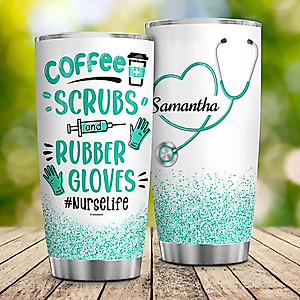 Wassmin Personalized Coffee Scrubs Rubber Gloves Nurse Life Stethoscope Tumbler Cup With Lid Vacuum Insulated Travel Mug 20oz 30oz Birthday Christmas Week Appreciation Gift Nurses Nursing (Green 2)