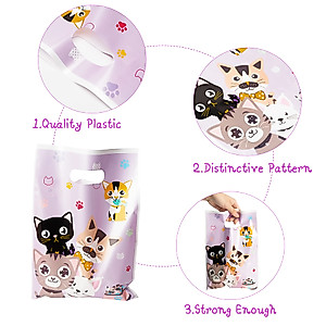 3sscha 50Pcs Cat Party Favor Bag Cute Cat Themed Purple Waterproof Goodies Cookies Bag with Die Cut Handles Animals Pet Paw Glossy Plastic Candy Gift Bags for Kid Birthday Party Decoration Supplies