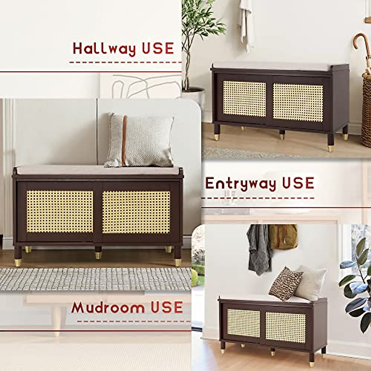 Anbuy Shoe Storage Bench for Entryway with Rattan Door, Rattan Shoe Rack Bench entryway Bench, Shoe Cabinet with Soft Cushion, Holds 300 lb, 31.5 x 13.78 x 19.1 inches (Red Brown)