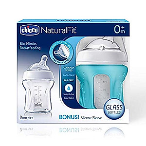 Chicco NaturalFit Glass 2 Pack Slow Flow with Bonus Silicone Sleeve, 9 Ounce, 0 Months Plus