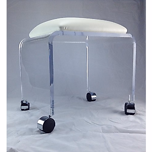 One Stop Plastic Shop Clear Acrylic Vanity Bench with White Vinyl Cushion and Chrome Casters