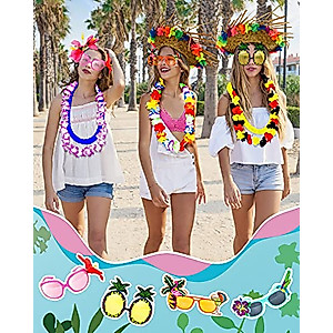 SATINIOR 84 Pieces Hawaiian Luau Party Accessories Hawaiian Leis Bulk Beachcomber Straw Hat Luau Party Sunglasses Tropical Flower Hair Clips and Plastic Leis Set for Summer Beach Costume Supplies