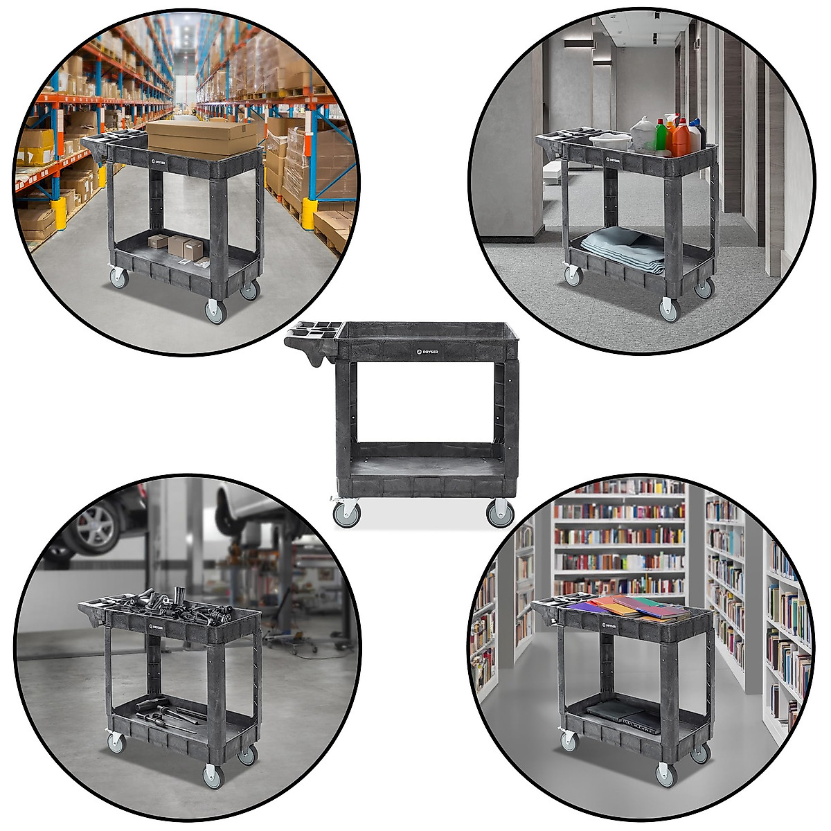 Dryser Utility Service Cart with Wheels, 40" x 17" Heavy Duty 550 lb. Capacity with Shelves - 2 Tier Rolling Cart with Two 5" Swivel Casters for Warehouse, Garage, Cleaning