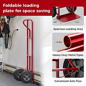 Goplus Hand Truck, P-Handle Hand Truck Dolly w/Vertical Loop Handle, 10” Rubber Wheels, 15”x8” Foldable Nose Plate, 660LBS Capacity, Heavy Duty Metal Dolly Cart for Lifting, Stairs (Red)