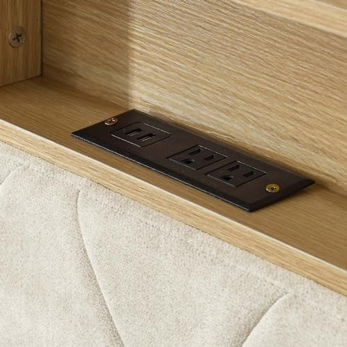 Gee Wuo Queen Size Upholstered Platform Bed, Platform Bed Frame with Outlets and USB Ports, Modern Upholstered Storage Headboard, Solid Wood Legs, No Box Spring Bed for Bedroom (Beige, Queen)