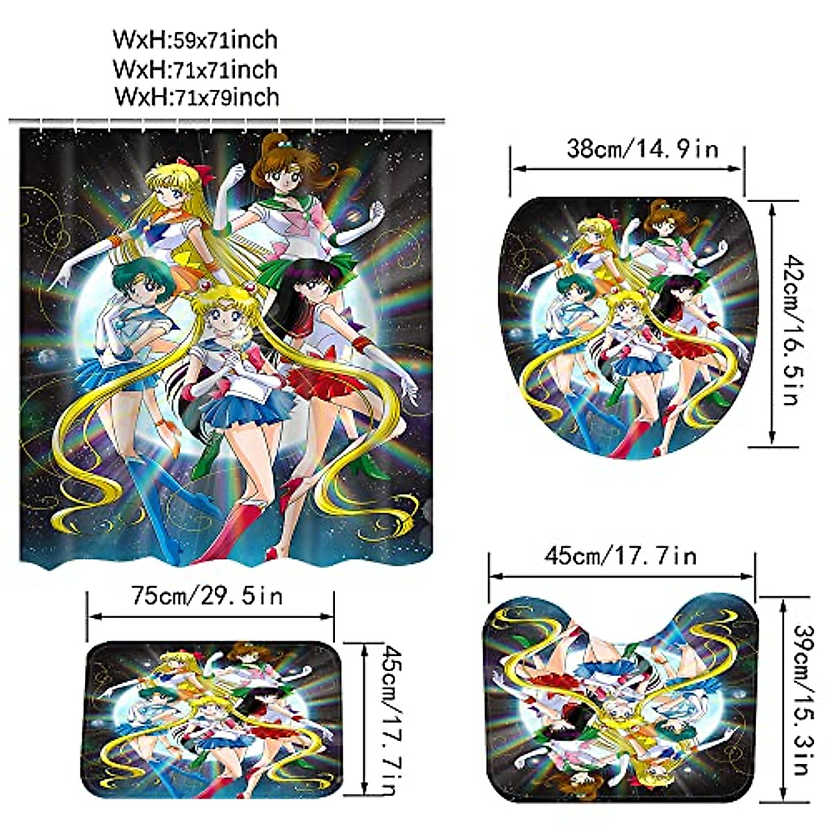 daweitianlong 4 Piece Anime Shower Curtain Set with Non-Slip Rug, Thickened Toilet Lid Cover and Bath Mat,Waterproof Anime Shower Curtain Sets for Bathroom With12 Hooks 59x71 inch, 2