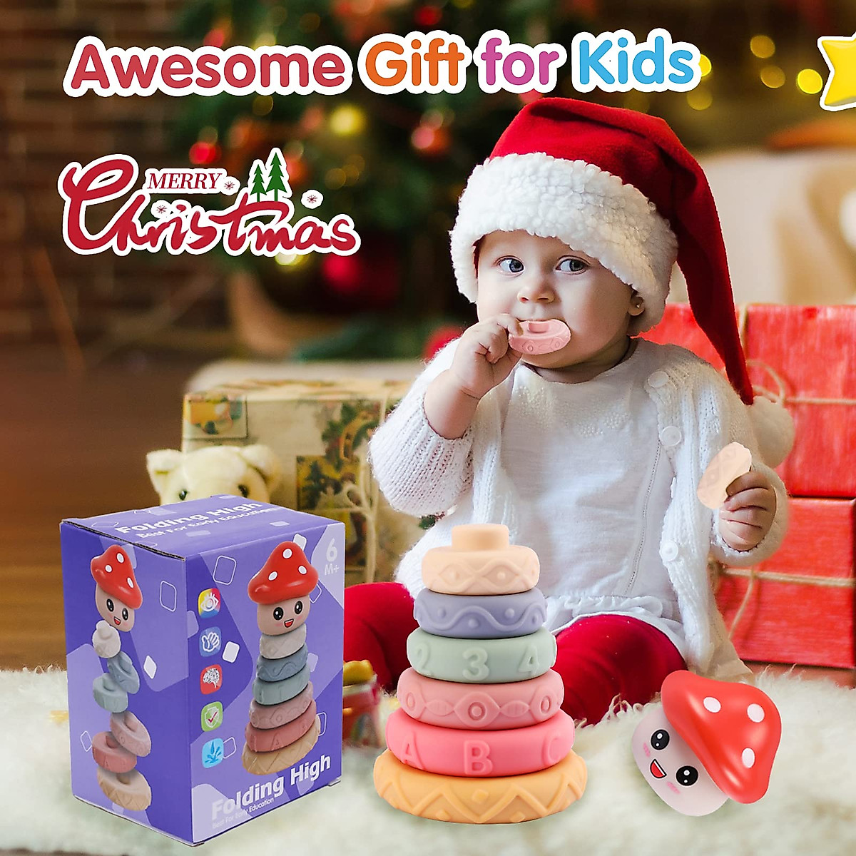 Baby Toys 6 to 12 Months 7Pcs Stacking Rings Montessori Toys for 1 Year Old Girls Boys, Soft Baby Teething Toys with Mushroom Head, Infant Sensory Educational Toys for Toddlers 1-2 Kids Birthday Gifts