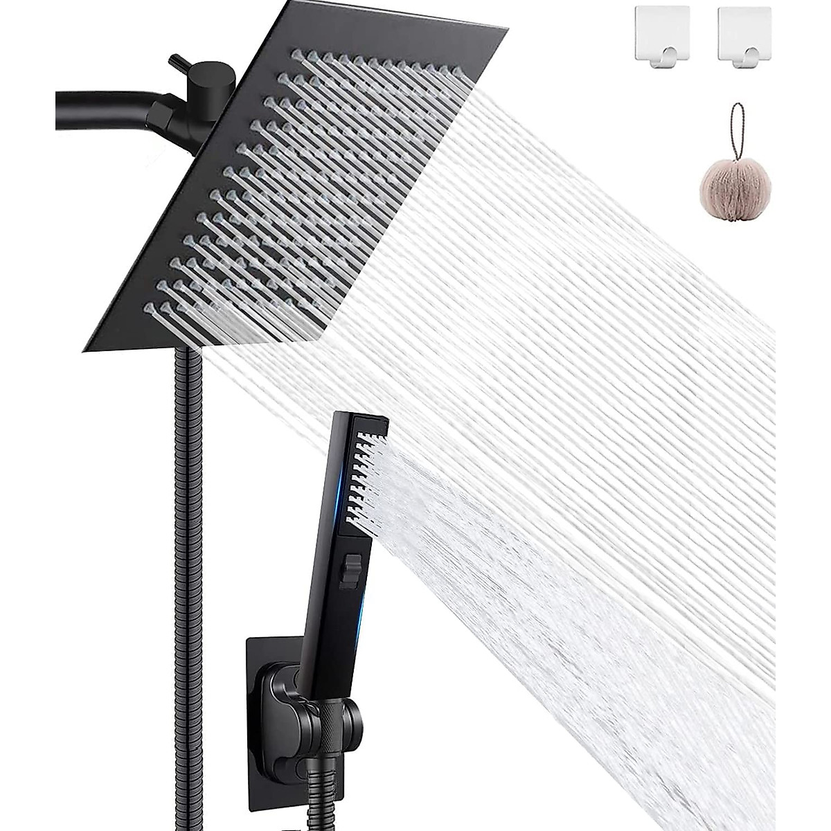 Shower Head, Rain Shower Head with Handheld,High Pressure 8'' Rainfall Stainless Steel Shower Head / 2 Settings Handheld Shower Combo with Shower Holder and 78'' Explosion-Proof Hose (Black)