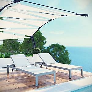 Modway Shore Aluminum Textilene® Mesh Outdoor Patio Two Poolside Chaise Lounge Chairs in Silver White