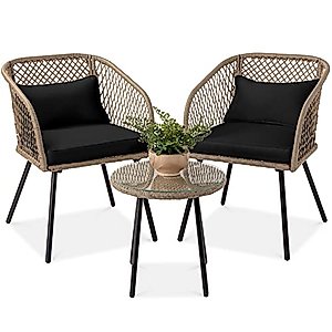 Best Choice Products 3-Piece Outdoor Wicker Bistro Set, Patio Dining Conversation Furniture for Backyard, Balcony, Porch w/Diamond Weave Design, Tempered Glass Side Table, 2 Chairs - Black