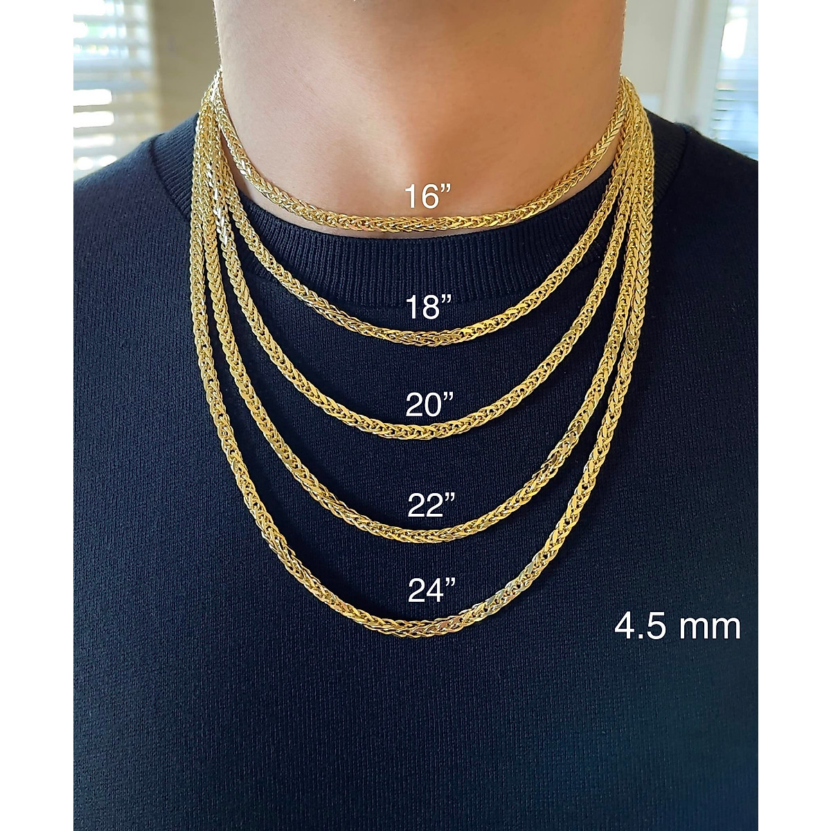 JEWELHEART 14K Gold Square Wheat Chain 4.5mm Braided Yellow Gold Necklace Real Gold Chains For Men Diamond Cut Gold Chain Necklace For Women with Lobster Clasp 24"