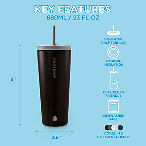 GROSCHE Jasper 23oz Tumbler with straw. Extreme Insulation, Classy Design, Built to Last, Insulated Stainless Steel Tumbler with Lid and Straw - Black
