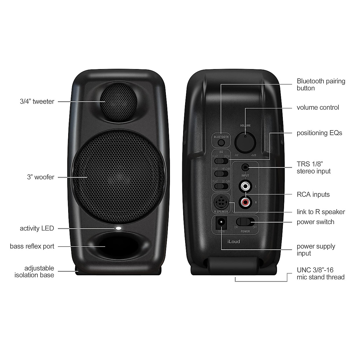 IK Multimedia iLoud Micro Monitor 50 watt portable wireless bluetooth studio reference monitors, dual speakers for music production, mixing, mastering, composing, producing and DJs