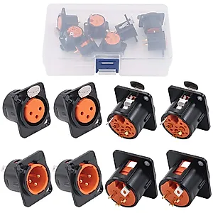 Glarks 8Pcs 3 Pin XLR Male Female Jack with Gold Plated Pin, Chassis Panel Mount Jacks D Series Size, Compatible with Series D Pattern Holes Audio Studio Connector