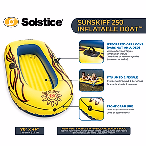Solstice Inflatable Boat Rafts 2 Person for Adults & Kids Comes W/ Pole Oar Holders Cushioned Comfortable Base Grab Line 6 Ft Size Sunskiff Kits Dinghy Air Floor Yellow