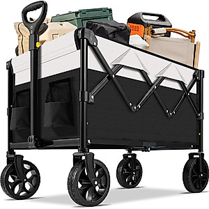 Collapsible Folding Wagon,Large Utility Wagon Cart Foldable,Folding Wagon Cart with All Terrain Wheels,Heavy Duty Garden Cart,Portable Wagon for Shopping Grocery Camping Sports Fishing (Black/White)