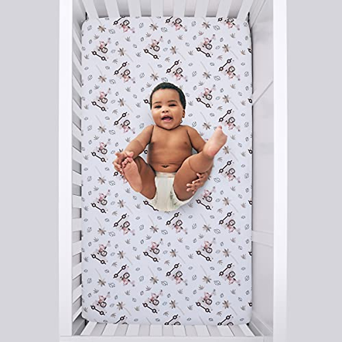 NoJo Jungle Ride Grey, White & Tan, Monkey, Giraffe & Lion Super Soft Fitted Crib Sheet, Grey, White, Tan