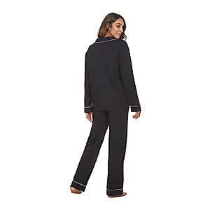 HEARTNICE Womens Pajama Set, Soft Long Sleeve Pajamas & Long Pants with Pockets, Warm Button-up Sleepwear Lightweight Lounge Pjs (Black-L, L)
