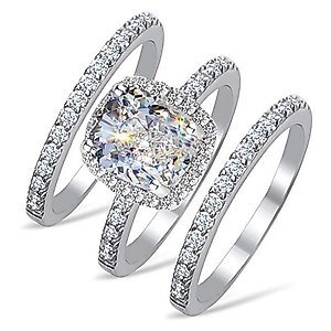 Venetia Realistic Top Grade 2.0 Carats Supreme Rectangular Emerald Cushion Cut NSCD Simulated Diamond Ring Band 3 Pcs Set 925 Silver Platinum Plated princess wedding (6)