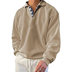 YawYews Men's Long Sleeve Polo Shirts-Casual Thermal Loose Fit Pullover Sweatshirts Khaki