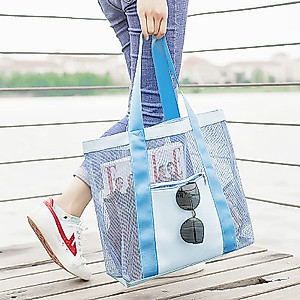 ROSYQUARZ Mesh Beach Bag, Beach Tote Bag, Lightweight Sandproof Beach Toy Bag, Durable Travel Tote Bags for Beach Toys,Towel, Flip Flops (Pink)