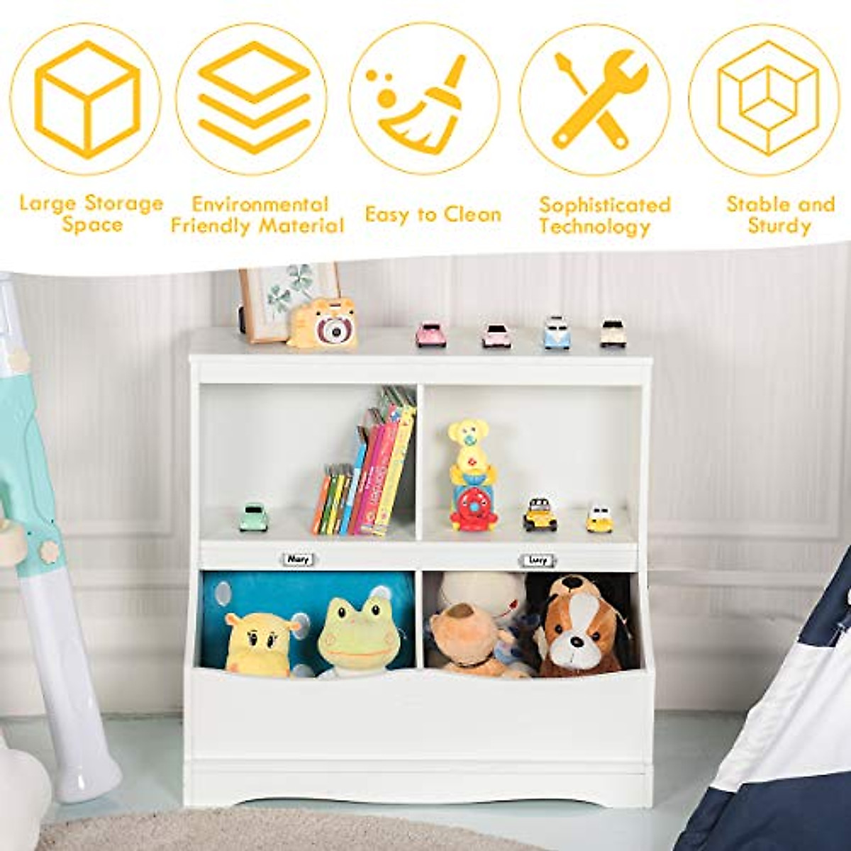 Costzon 4-Cubby Kids Bookcase with Footboard, Name Card, Multi-Bin Children's Toys Storage and Organizer Book Shelf Display, Wooden Toy Box Chest Cabinet for Kids Room Playroom Bedroom Nursery (White)