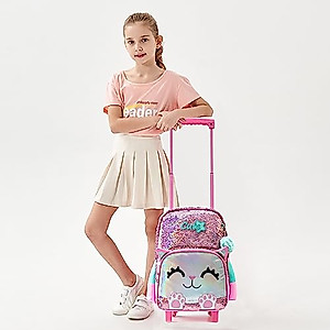 Meetbelify Rolling Backpack for Girls Cute Pink Cat School Backpack with Wheels Kids Sequin Roller Luggage for Elementary Kindergarten Students with Lunch Box Pencil Case for Girls 5-12 Years Old