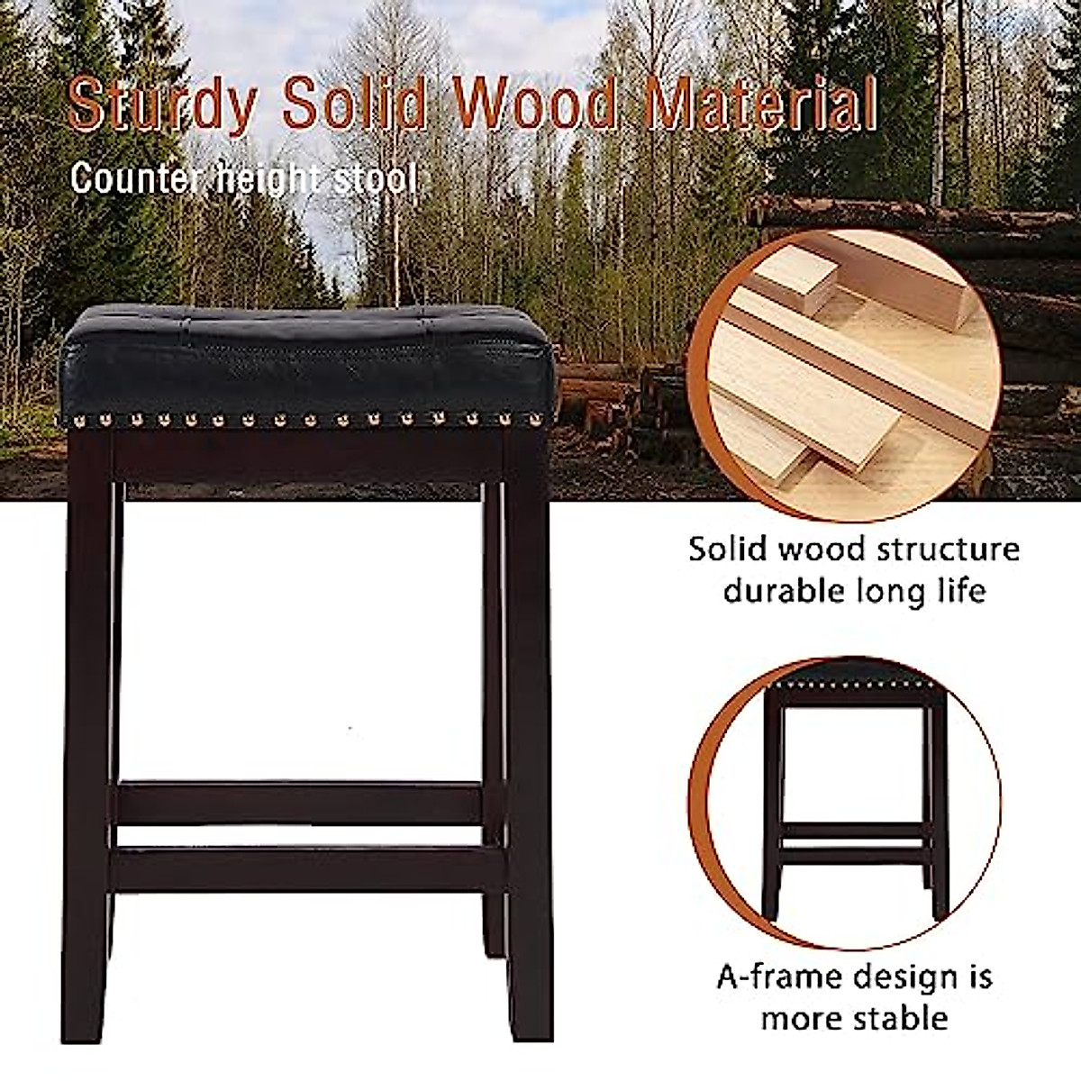 Backless Bar Stools Set of 2, 24 Inch Saddle Seat Bar Stools Counter Height with Footrest, PU Leather Kitchen Counter Stools Set of 2(Brown)