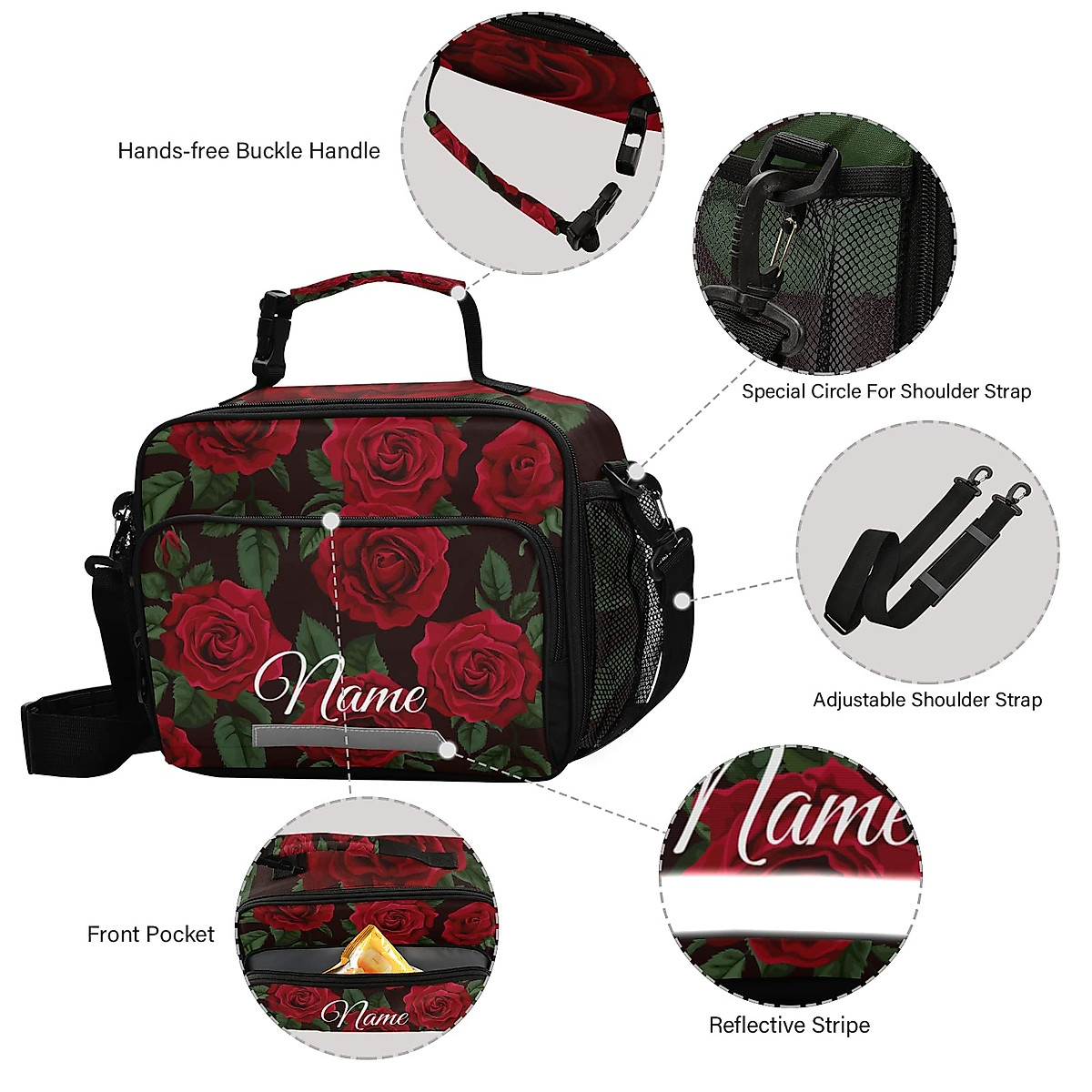 Glaphy Custom Red Rose Flower Lunch Bag for Boys Kids, Personalized Your Name Lunch Tote Bags Insulated Lunch Box for Office Work School Picnic
