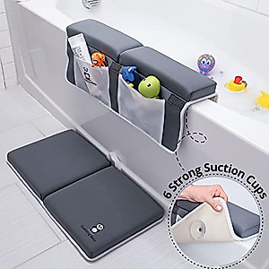 Cuddling Baby Bath Kneeler and Elbow Rest Pad, 2 Pc. Set, Knee and Body Protection with Non-Slip Base, Large Toy and Bath Accessory Pocket Storage, Compact Foldable Cushion Design